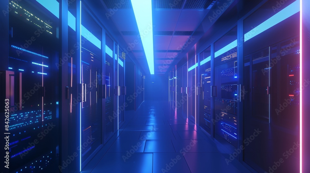 isometric data center, rows of servers, frosted glass panels, white and ...