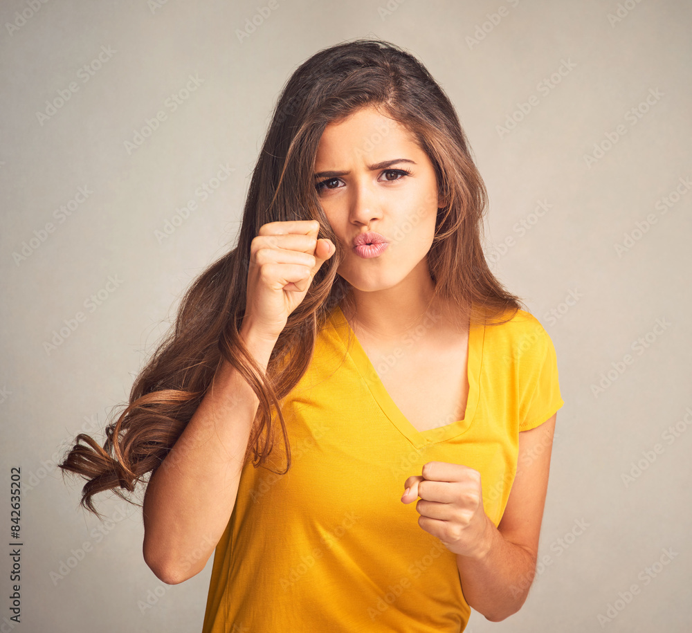 Fist, equality and portrait of woman in studio for human rights ...