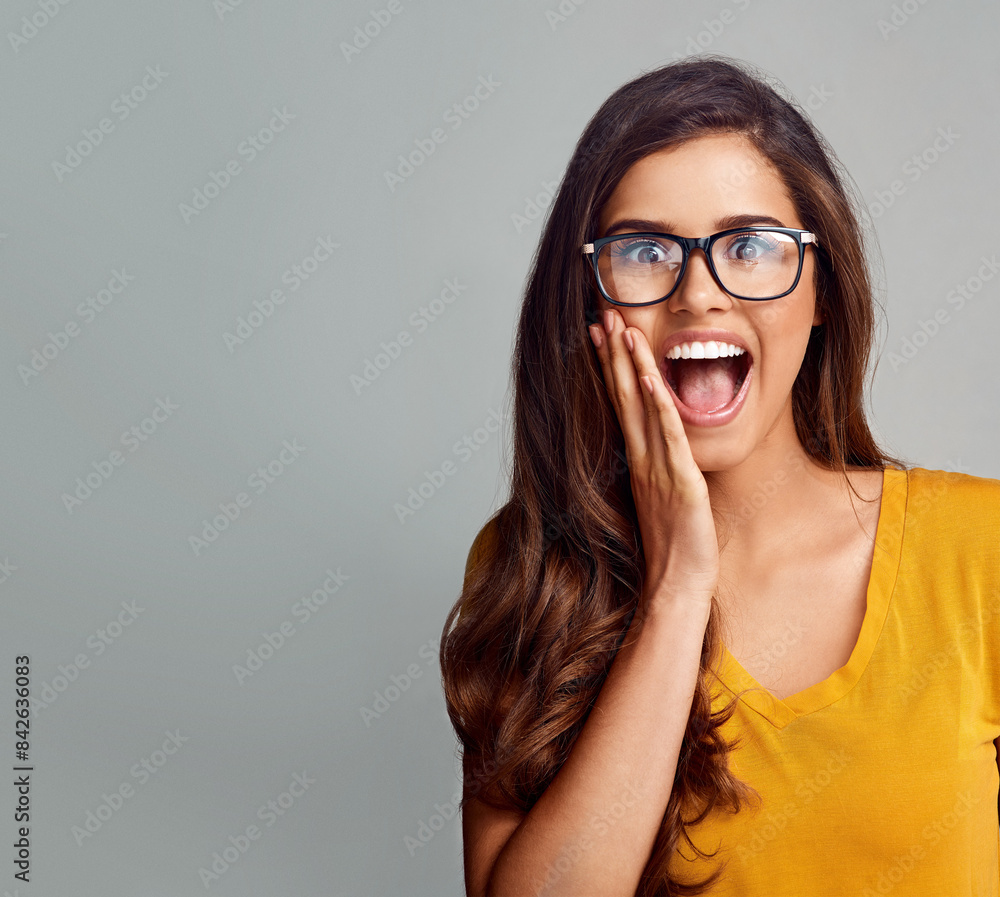 Space, shock or portrait of woman excited by announcement mockup in ...