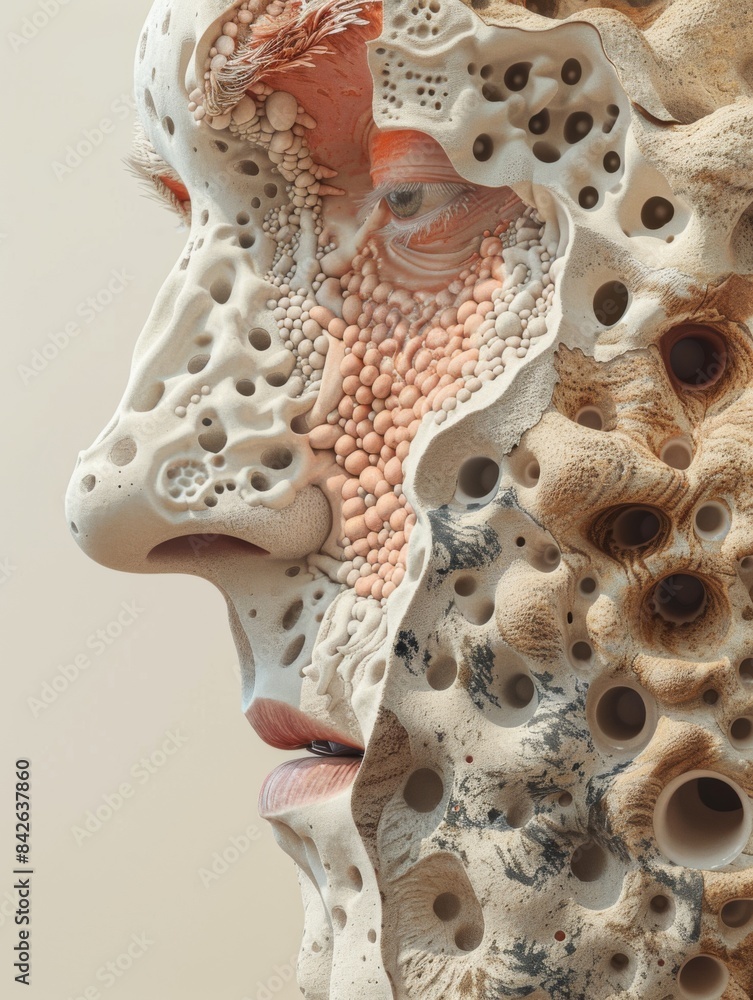 3D rendering of a human face made of coral. The face is in profile and ...