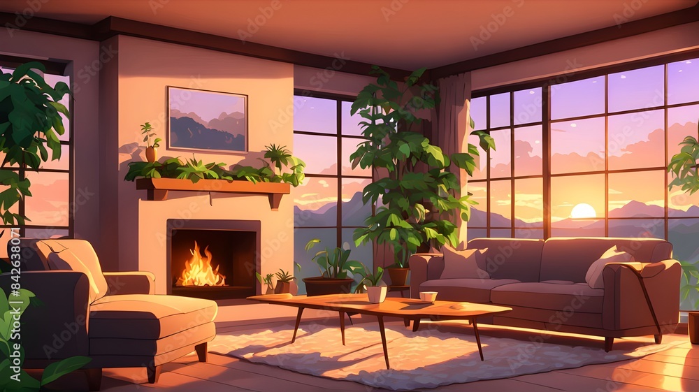 ozy-living-room-with-fireplace-and-greenery-animated-virtual ...