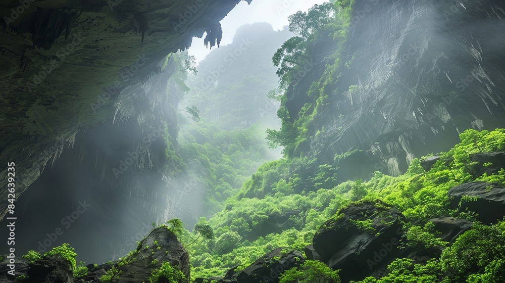Mystery cave entrance with rocks, mist, green trees in Son Doong Cave ...