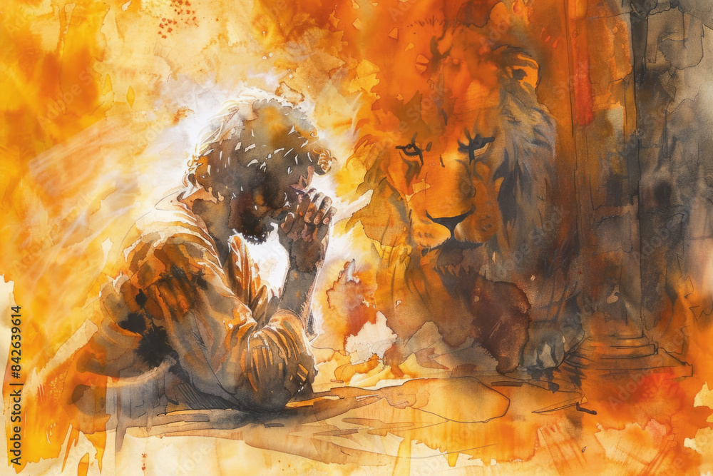 Watercolor Illustration of Biblical Daniel Praying in Lions Den Stock ...