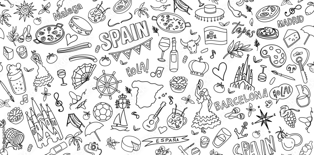 Spain Travel Doodle Line Art Illustration. Hand Drawn Vector Clip Art ...