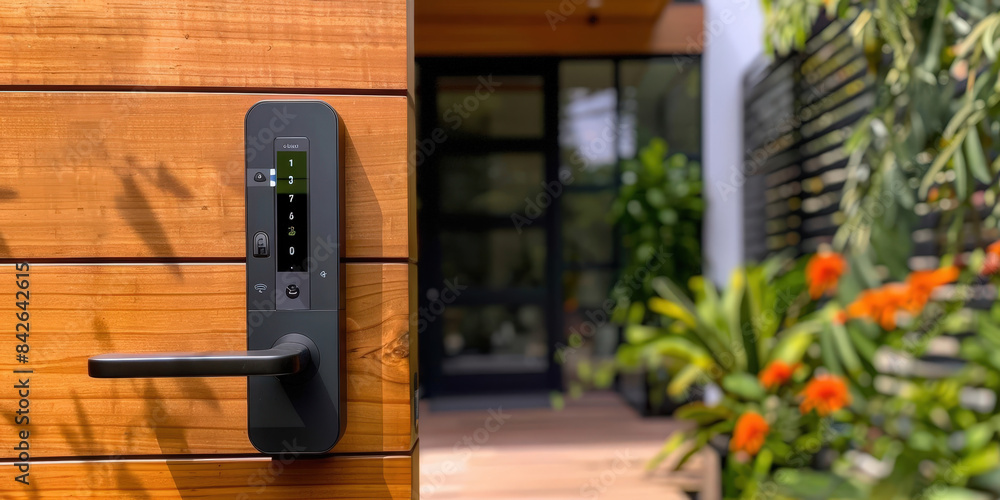 Smart door lock with a keypad installed on a wooden door of a modern ...