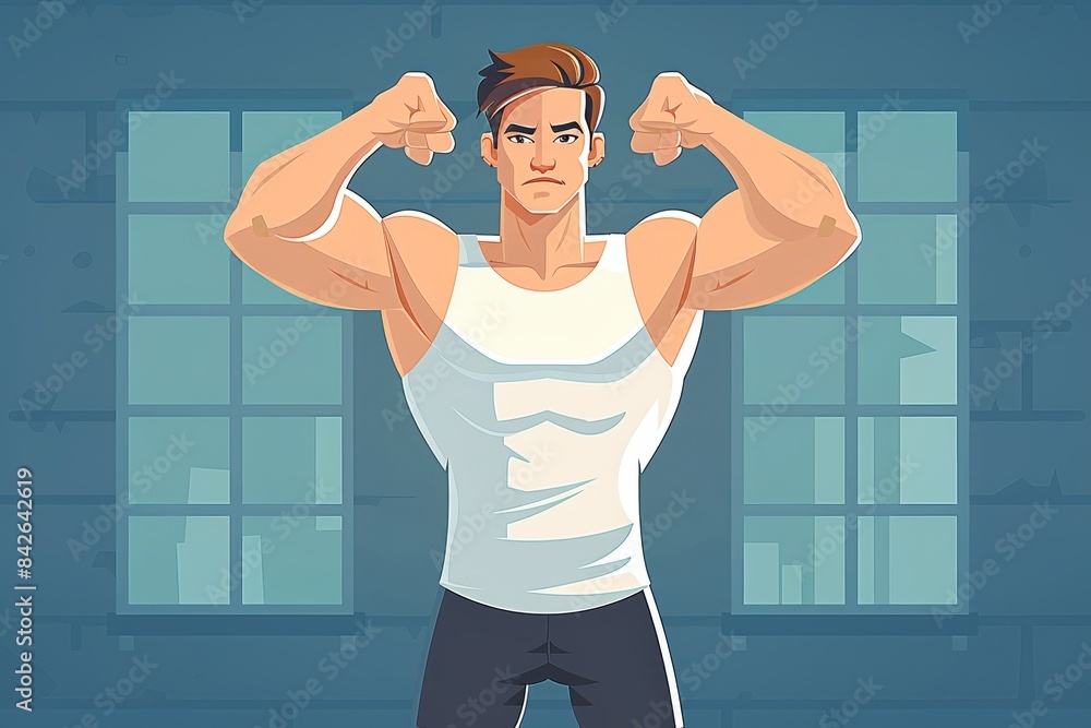 A digital illustration of a muscle-bound man flexing his arms proudly ...