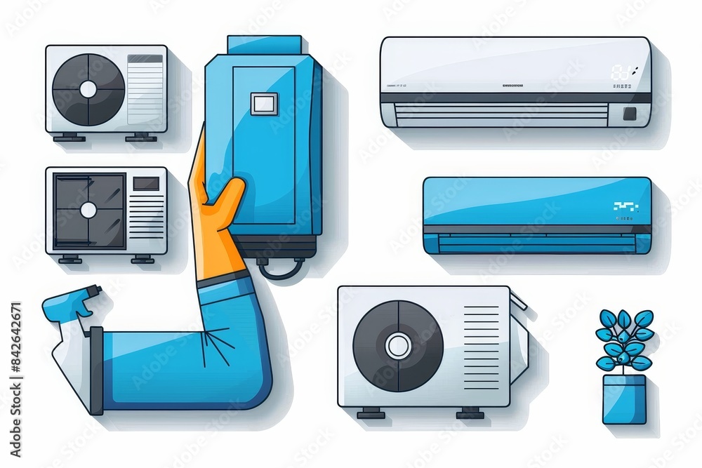 Cartoon illustration set of various colorful air conditioning units and ...