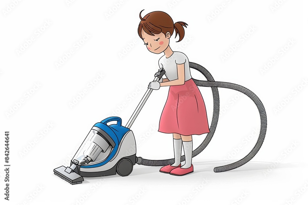Cartoon-style drawing of a young girl smiling as she vacuums with a ...