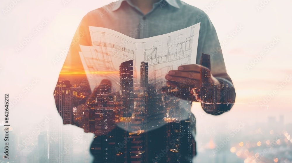 Professional civil engineer holding project plan with double exposure ...