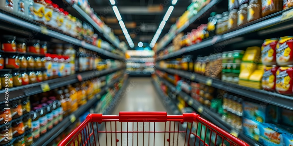 Supermarket aisle with empty red shopping cart in grocery store setting ...