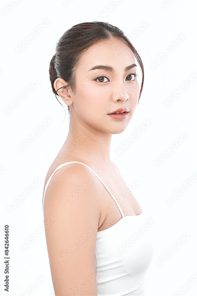 Beautiful Young Asian Woman With Clean Fresh Skin On White Background