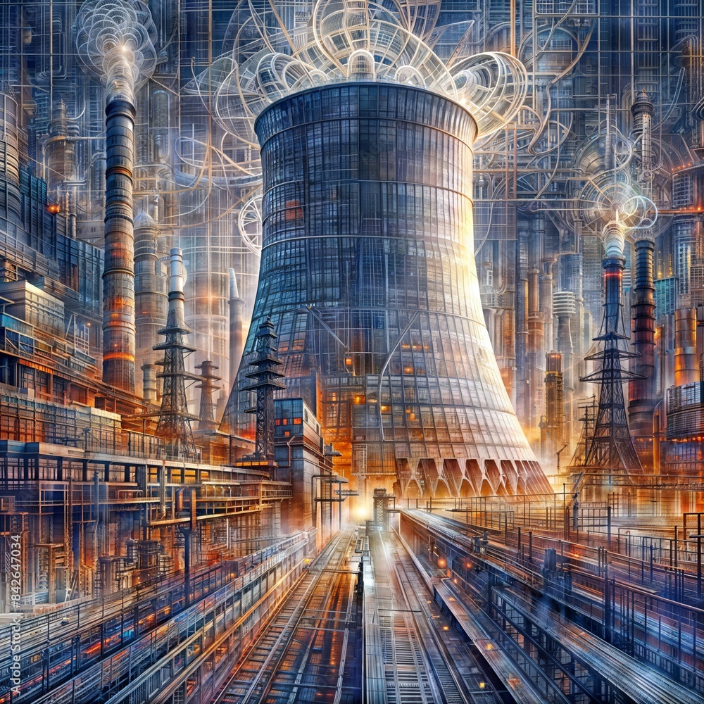 Futuristic power plant with glowing energy cores, intricate piping, and ...