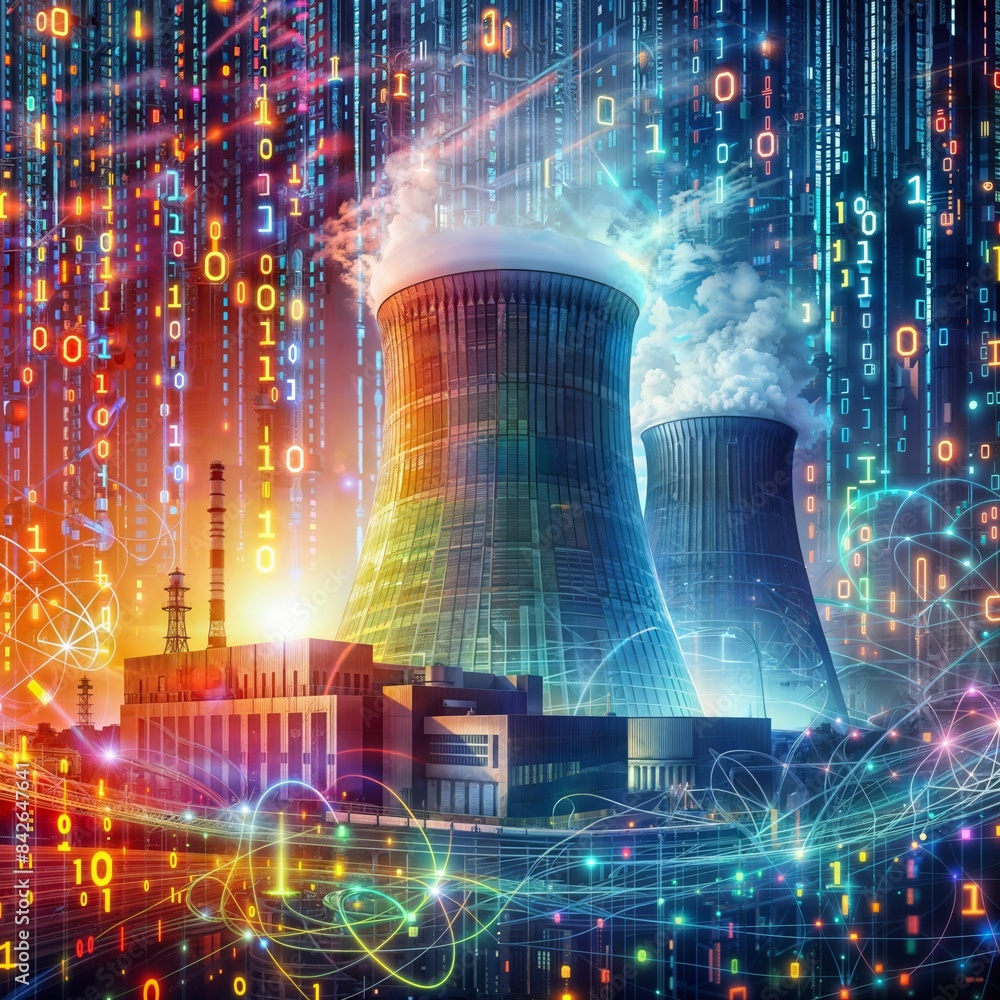 An artistic representation of a futuristic power plant, featuring two ...