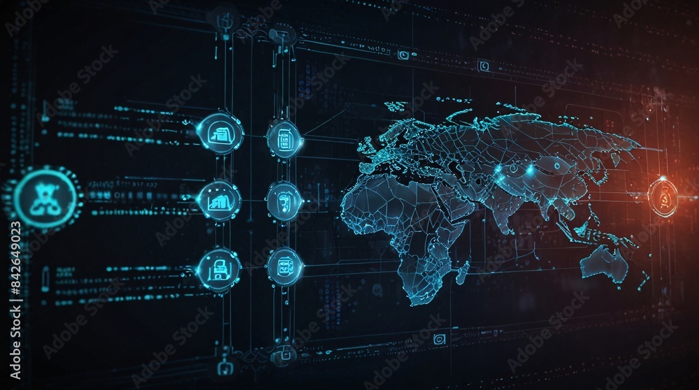 Digital world map displayed on a computer screen with audio controls ...