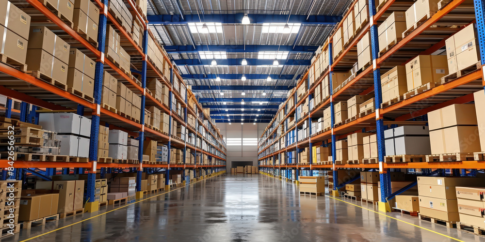 Organized warehouse with shelves stocked with boxes and pallets. high ...