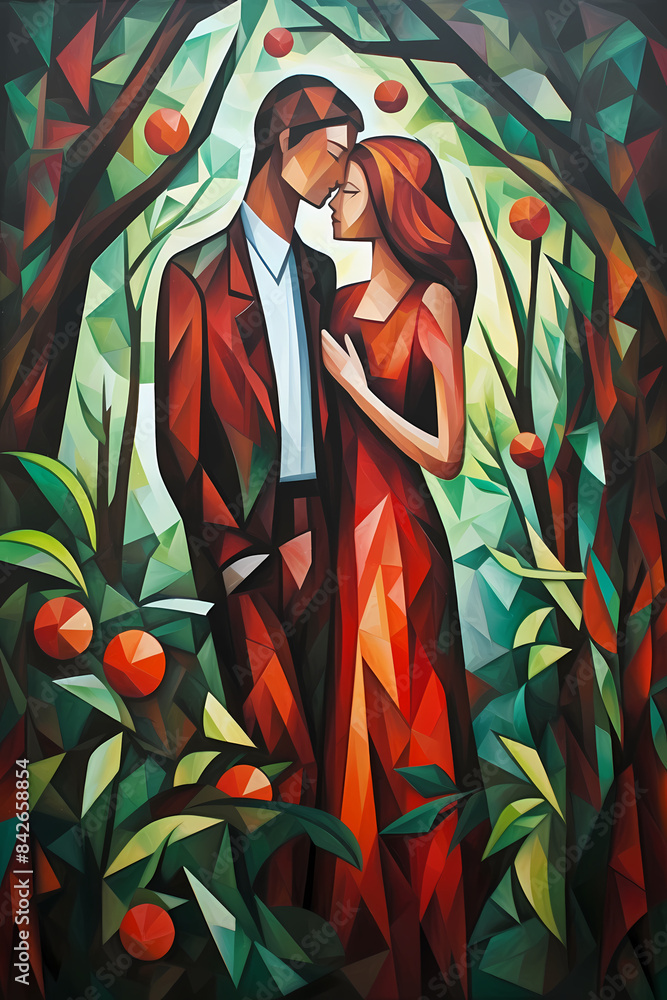 Modern portrayal of Adam and Eve in Garden of Eden with apple trees ...