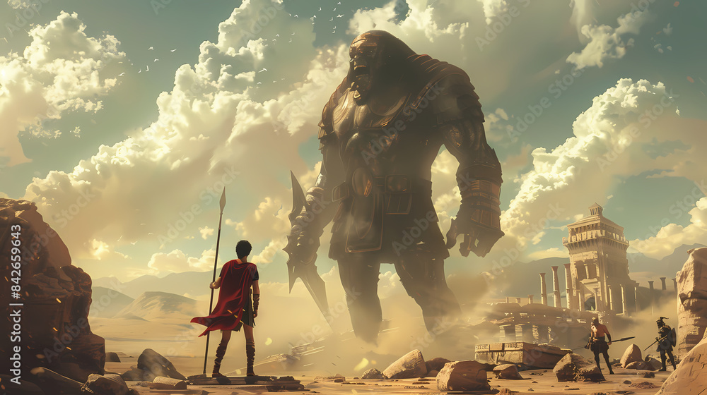 David confronting the giant Goliath in an epic desert battlefield scene ...