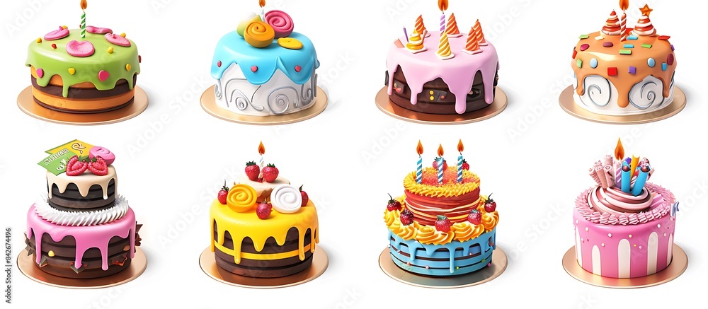 3D cartoon vector illustration of a set of colorful birthday cakes on a ...