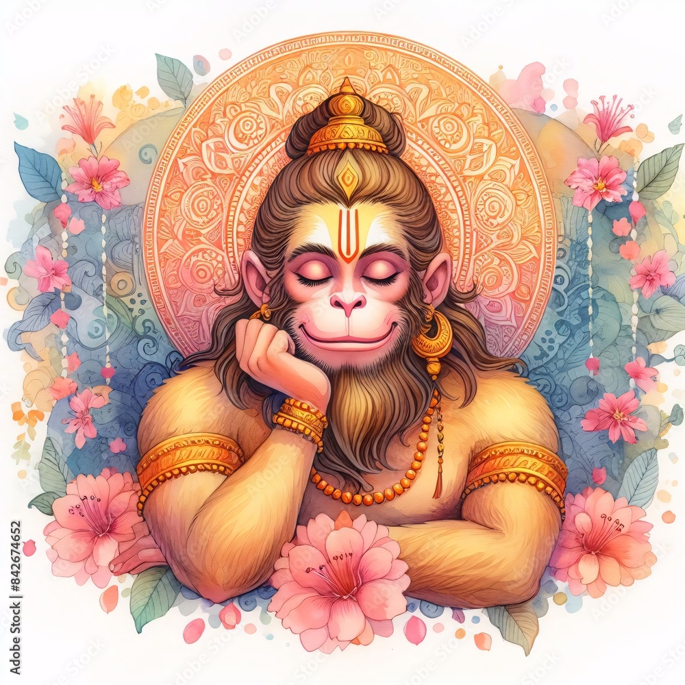 Hanuman Jayanti Watercolor Art with Peaceful Lord Hanuman Portrait ...