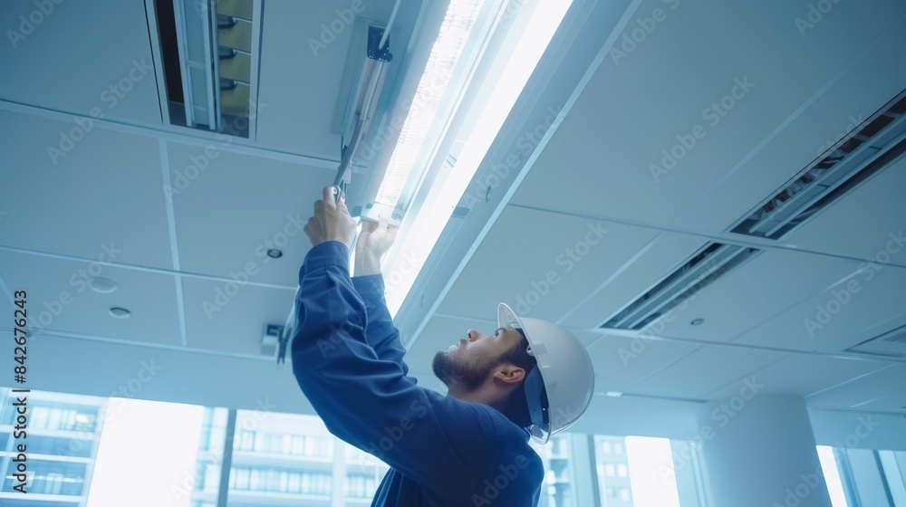 A worker confidently testing a newly installed light fixture in a ...