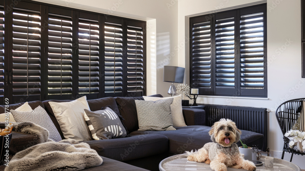 Plantation shutter fitted in a modern lounge. The window has horizontal ...