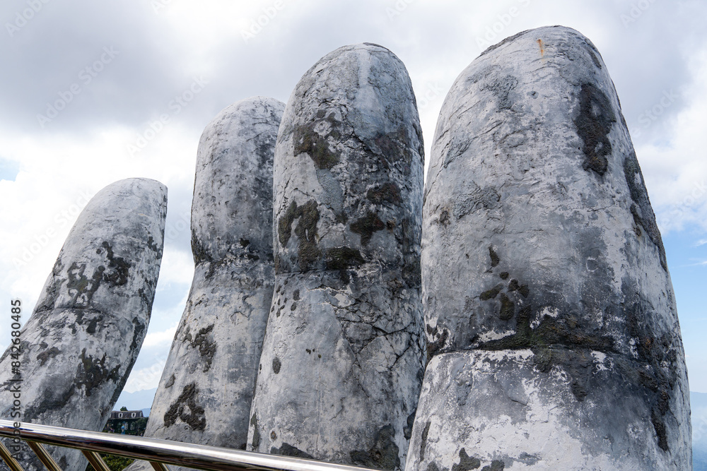 Golden Bridge Close-up view of the stone hands structure at Ba Na Hills ...