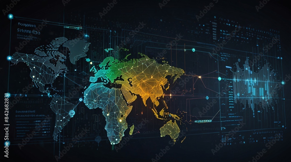 Digital world map displayed on a computer screen with audio controls ...