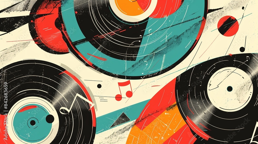 Stylized vinyl records and music notes in a 1950s-70s hybrid style ...