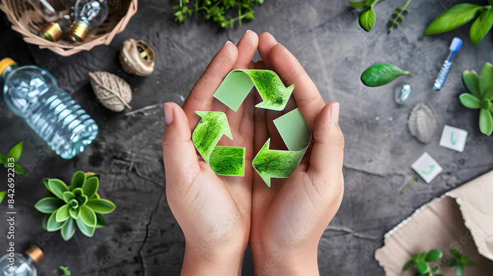 Hands carefully hold a green recycling symbol, a powerful reminder to ...