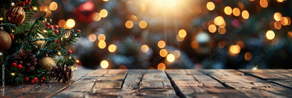 Wood Table on Blurred Christmas Tree Background, Festive Mockup, Dark ...