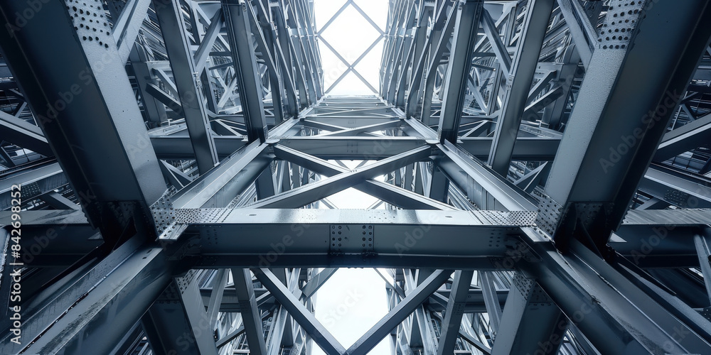 Abstract view of industrial steel framework captured from below ...