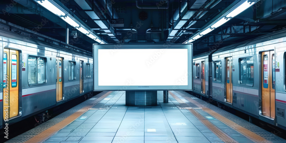 Subway platform with a central blank billboard illuminated by overhead ...