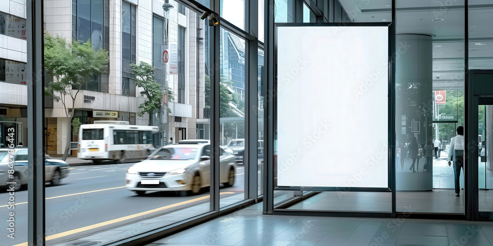 Modern building entrance with white blank advertisement boards ...