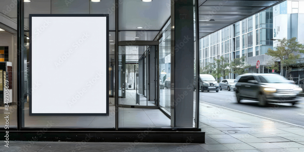 Modern building entrance with white blank advertisement boards ...