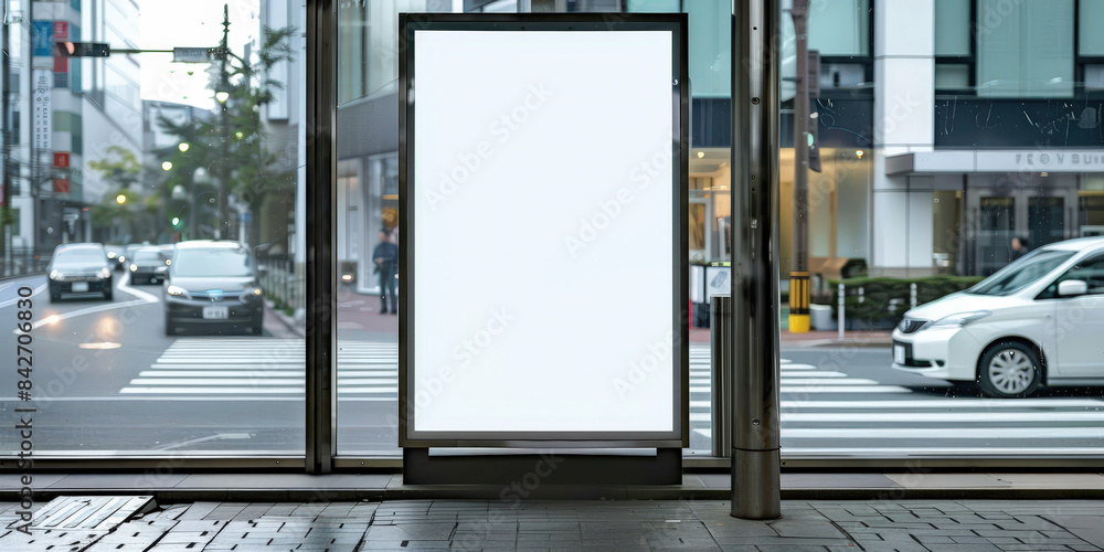 Modern building entrance with white blank advertisement boards ...