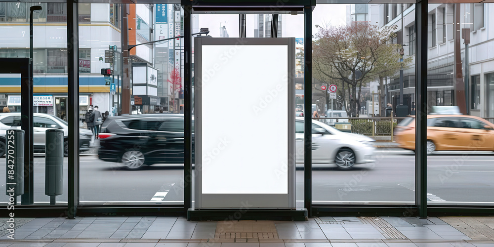 Modern building entrance with white blank advertisement boards ...
