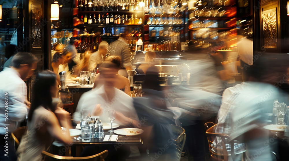 crowded restaurant or pub with people dining and waiters, bartender and ...
