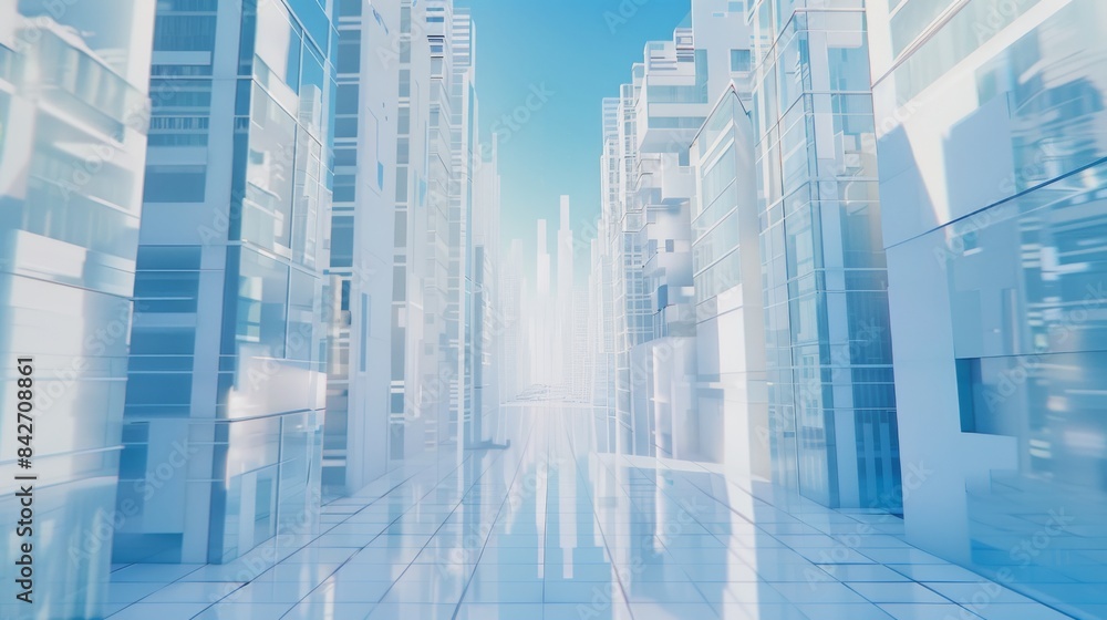 A digital road going straight forward in a city, made of white glass ...