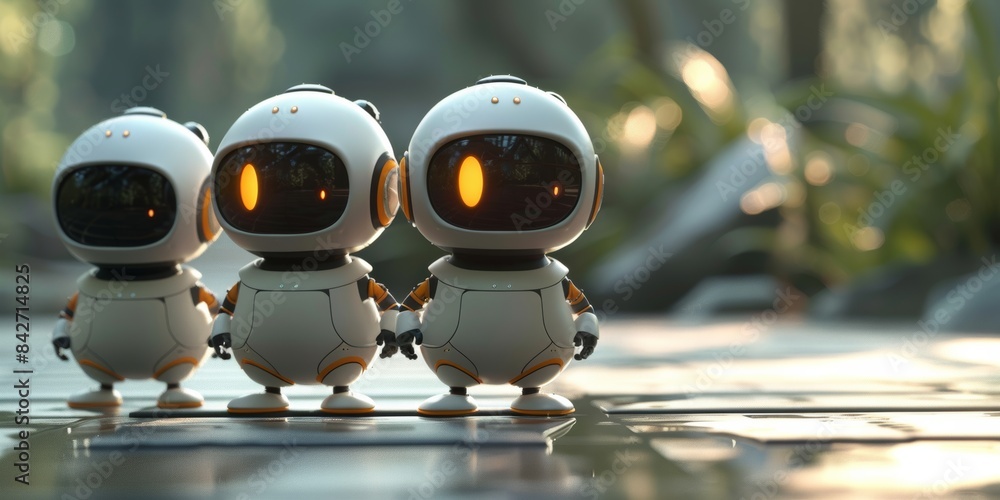 A few cute AI robots look at the camera together, round and smooth, 3D ...