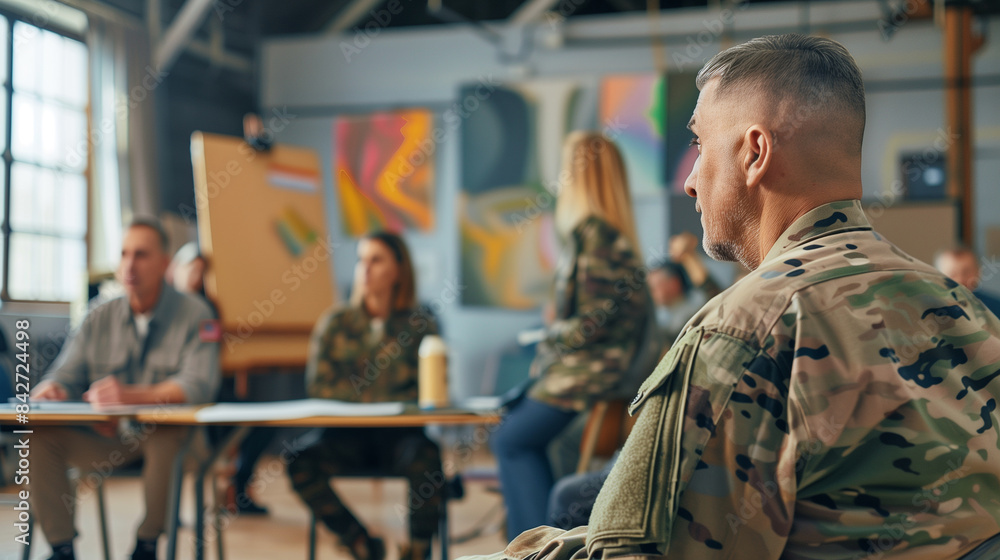 a of veterans participating in a soft skills workshop, practicing ...