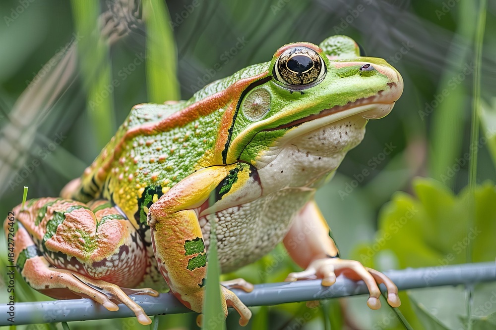 Frogs near electric fences, swamp, side view, amphibians and human ...