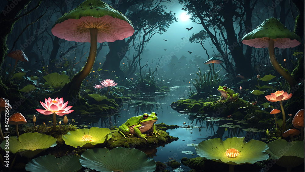 Murky swamp at night, mysterious wetlands with giant mushrooms and ...