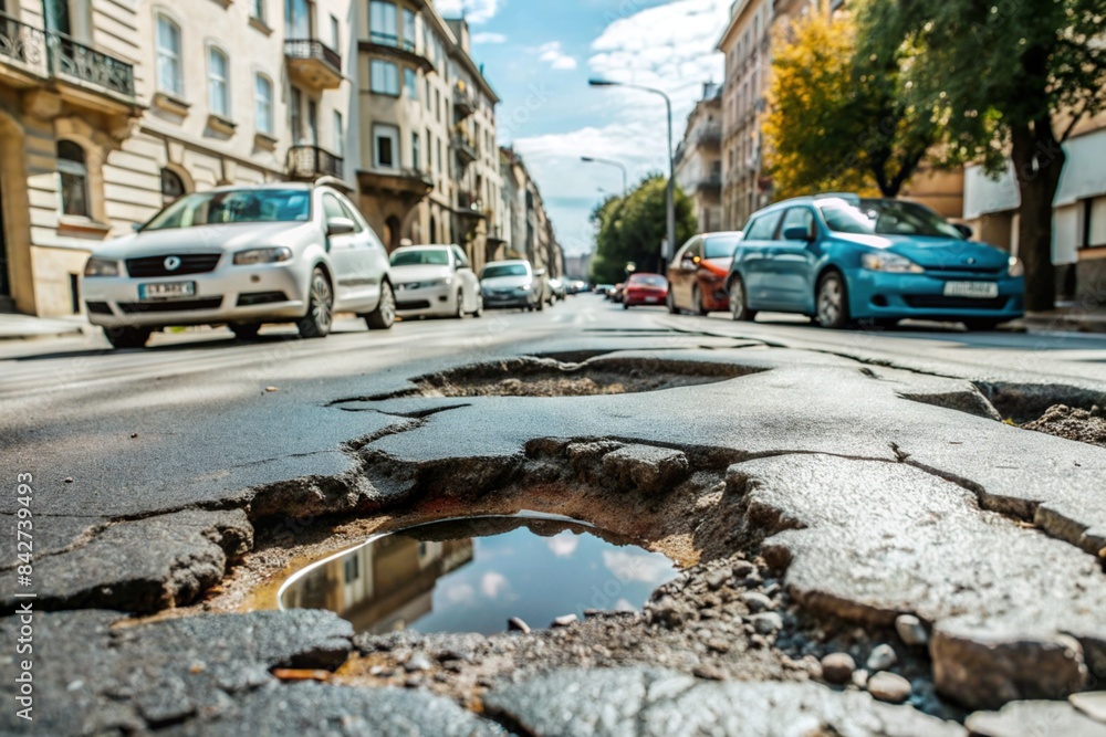 The terrible condition of the roads. A hole in the asphalt on a city ...