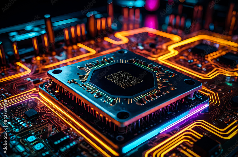 A processor on a circuit board with pulsating neon lights gives a sense ...
