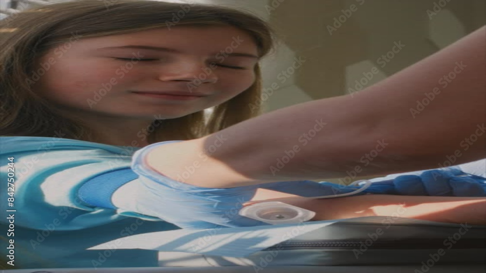 Vertical: Collecting blood from a girl in a clinic or hospital. Female ...