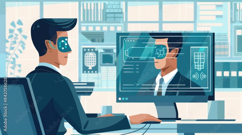 ภาพประกอบสต็อก Businessman using computer scanning face ID to unlock ...