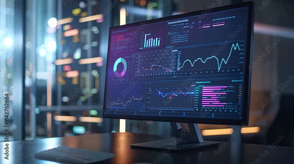 Computer monitor displaying an abstract network monitoring dashboard with real-time data ...