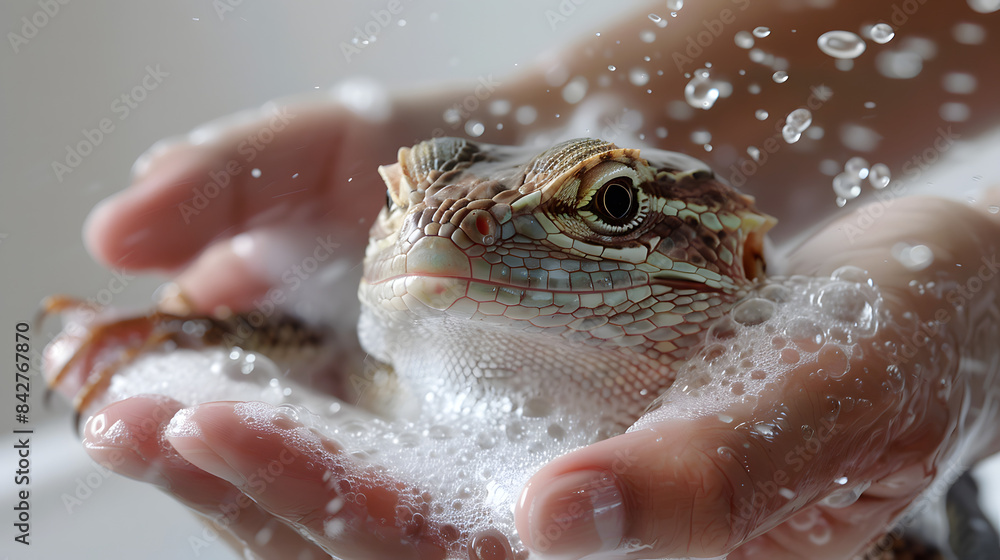Closeup of hands washing a lizard with shampoo. bubbles and water ...
