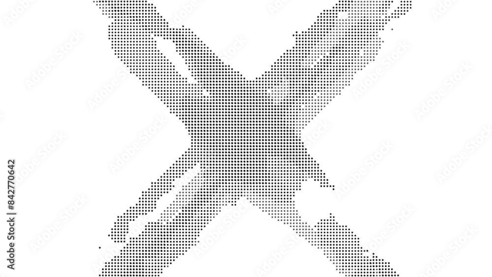 Digital halftone dots splash X sign grid moving up on white background ...