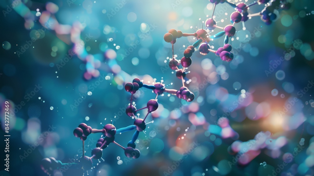 Design a picture of a protein molecule, focusing on the complex folding ...